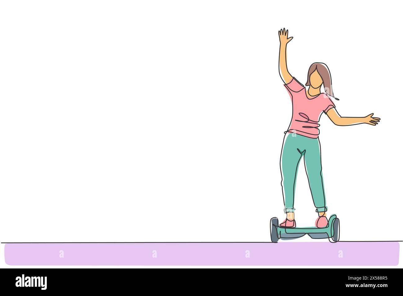 One single line drawing of young energetic man riding hoverboard at ...