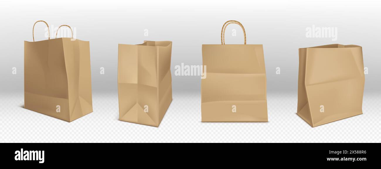Craft brown paper bags mockup. Realistic vector illustration set of ...