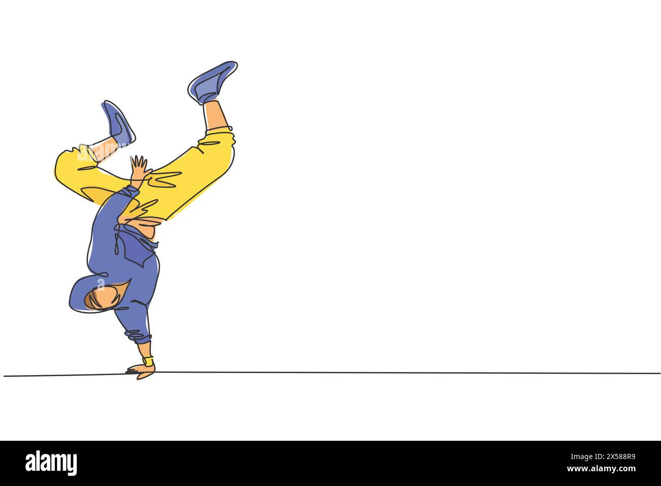 One continuous line drawing young sporty break dancer man with hoodie ...