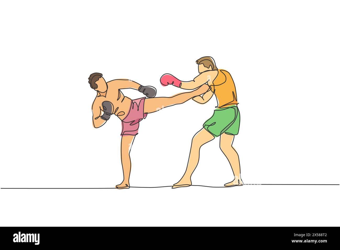 One continuous line drawing of two young sporty men kickboxer athlete ...