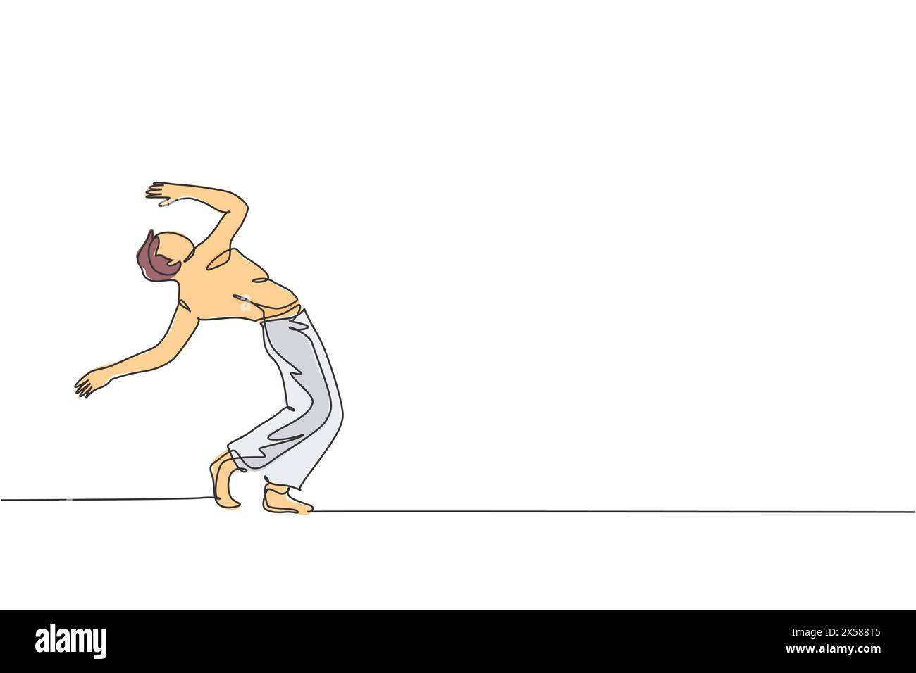 One single line drawing of young energetic man capoeira dancer perform dancing fight graphic ...