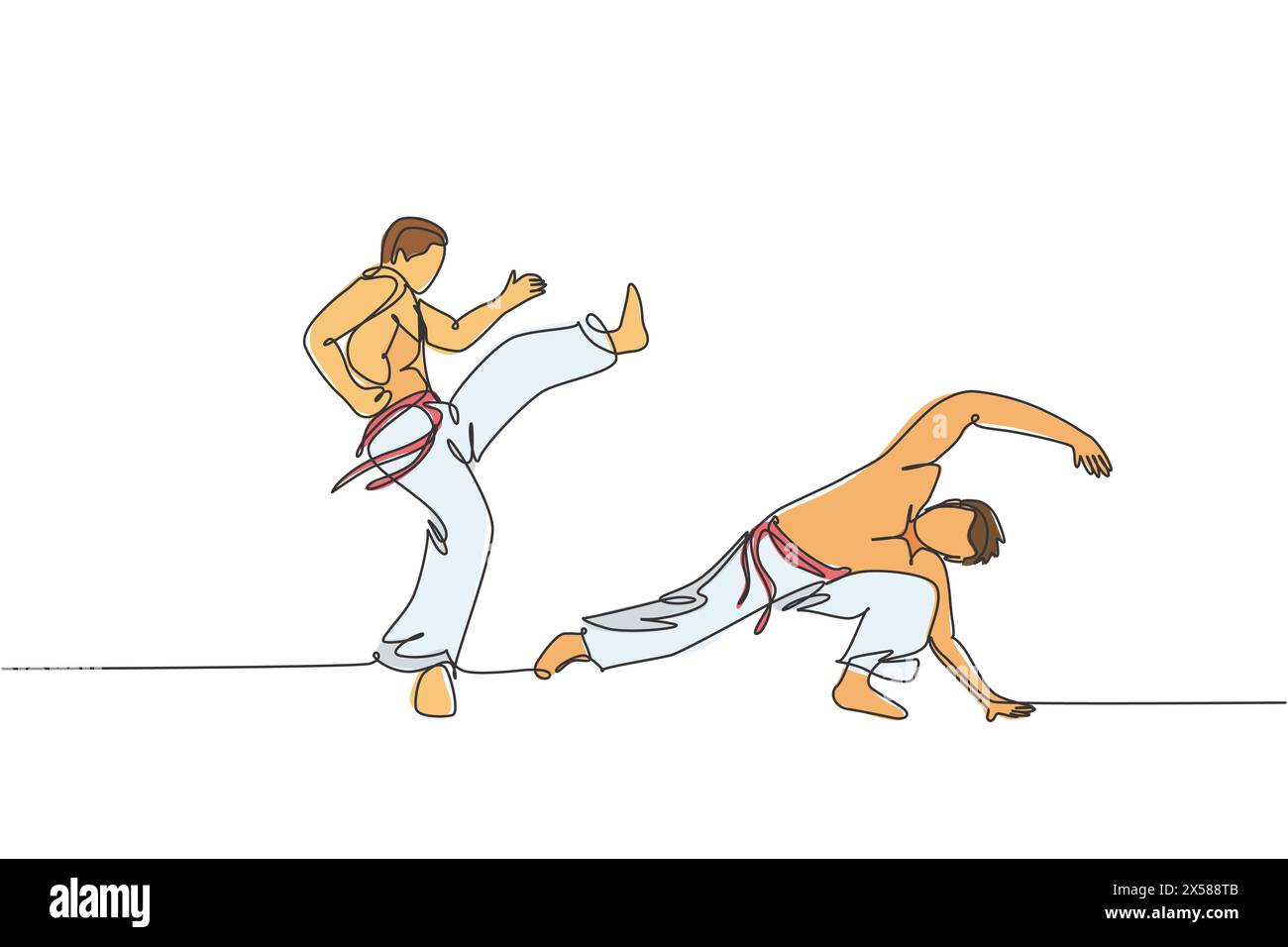 Single continuous line drawing of two young sportive men practice ...