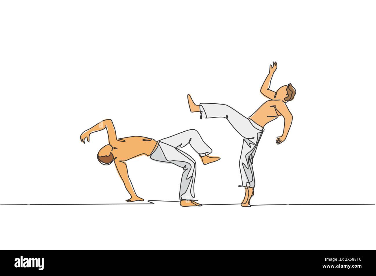 Single continuous line drawing of two young sportive men practice ...