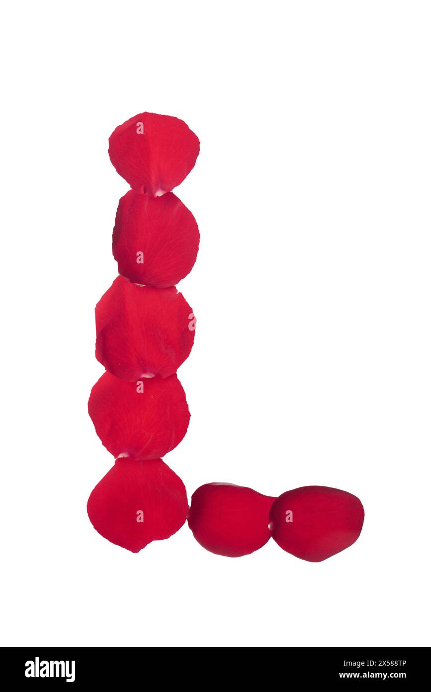Letter L formed of red rose petals of white background. Symbolizes ...