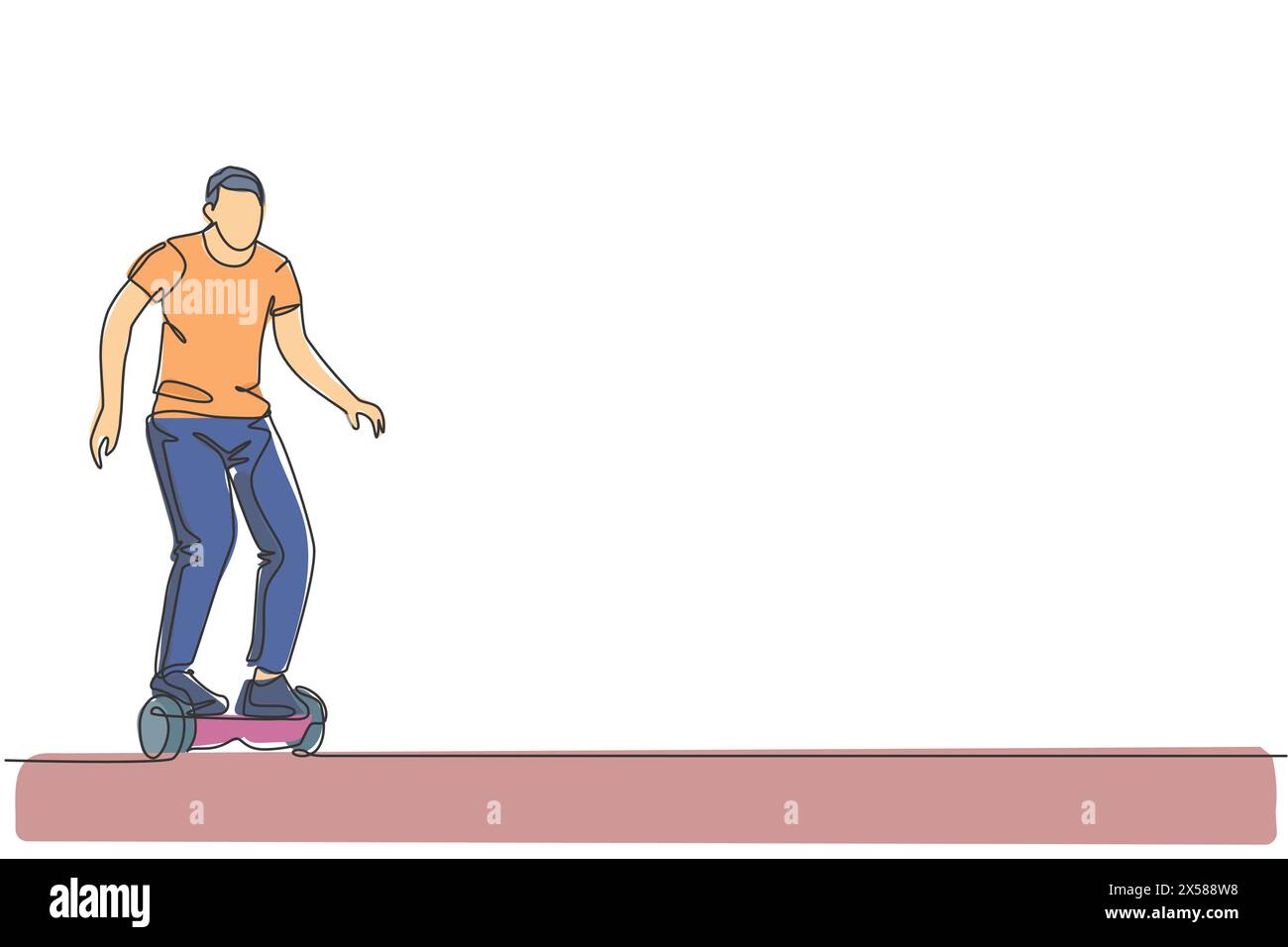 One single line drawing of young energetic man riding hoverboard at ...