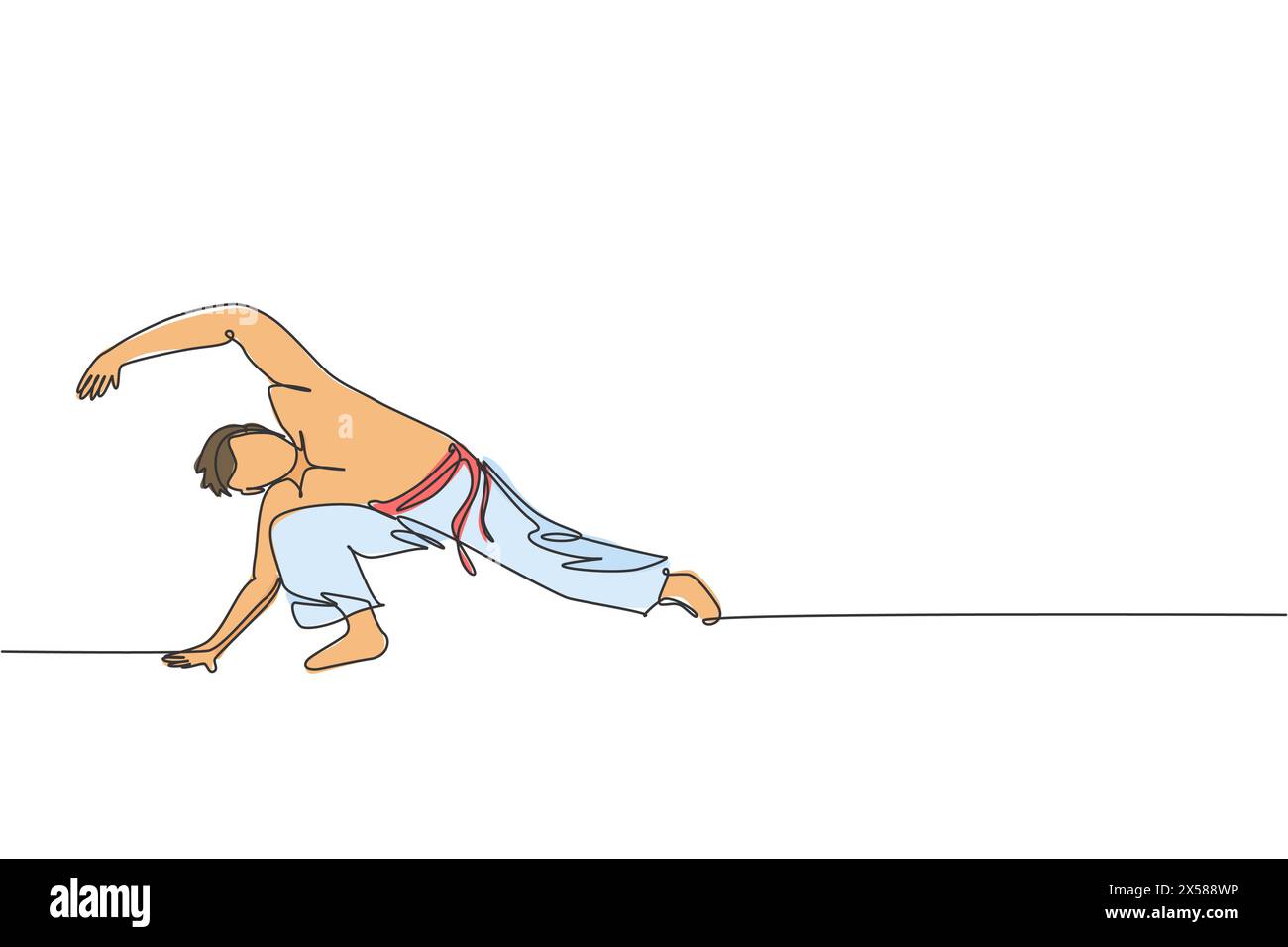 One single line drawing of young energetic man capoeira dancer perform dancing fight vector ...