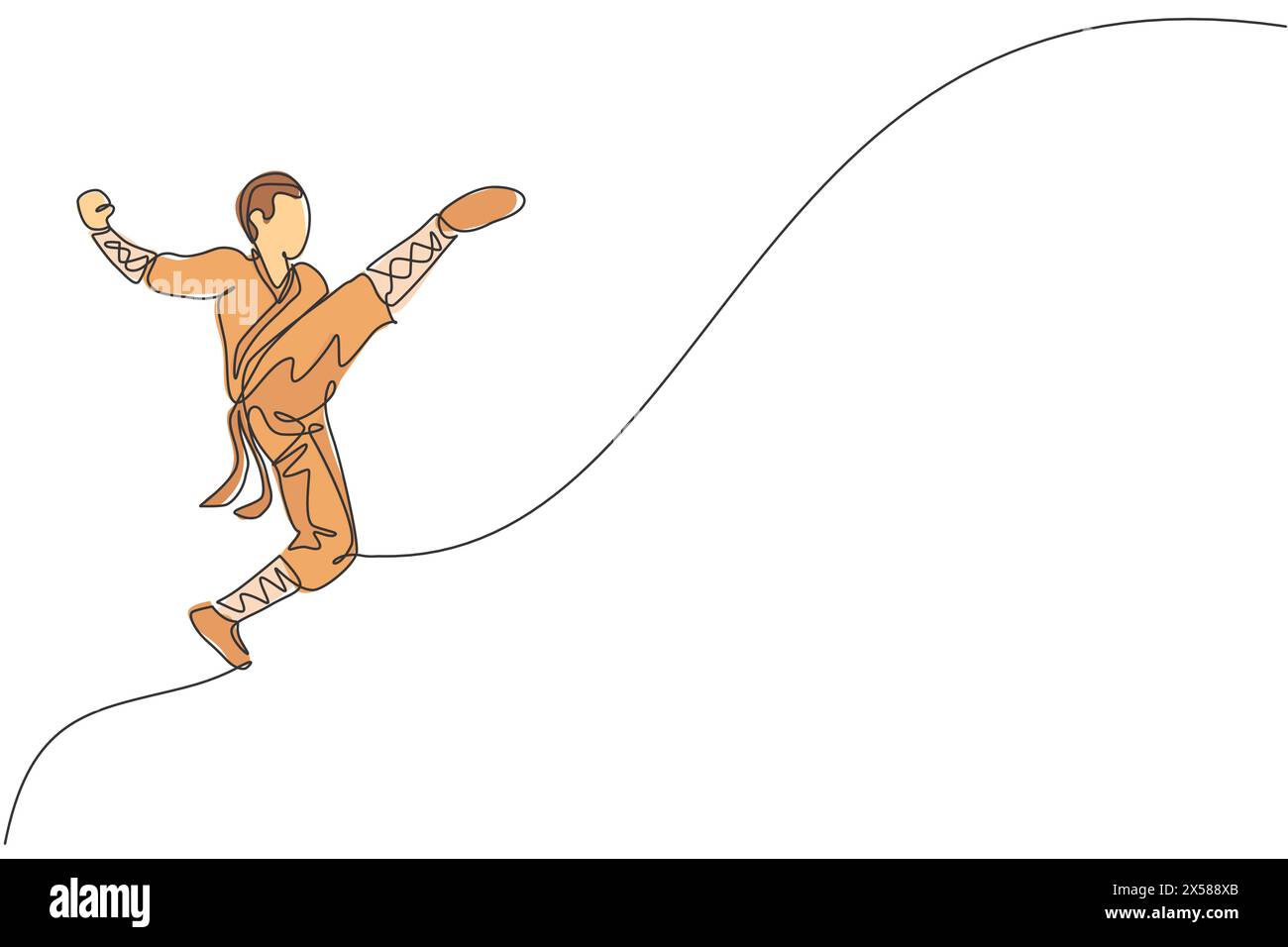 Single continuous line drawing young muscular shaolin monk man train ...