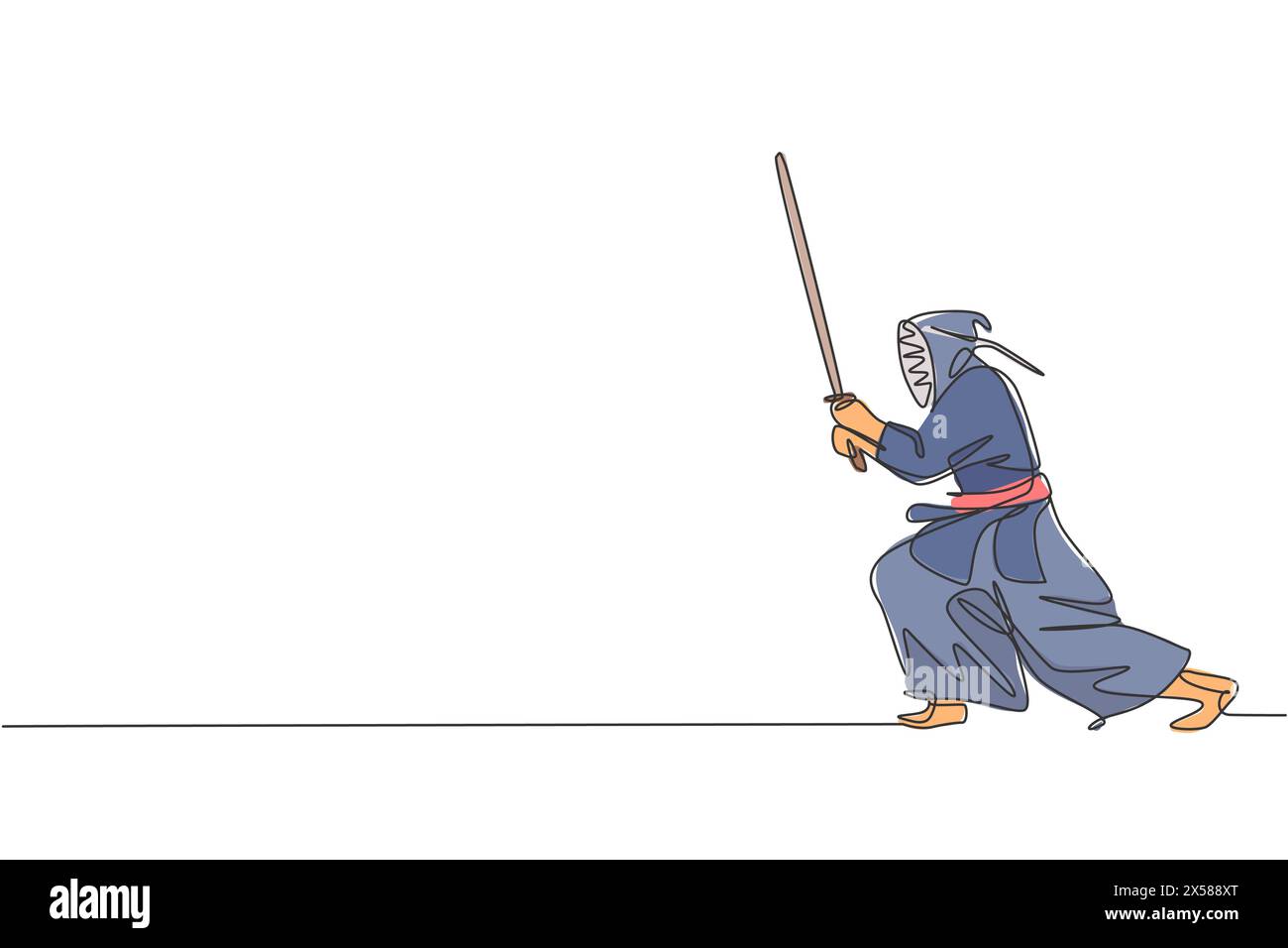One continuous line drawing of young sporty man training kendo attack ...