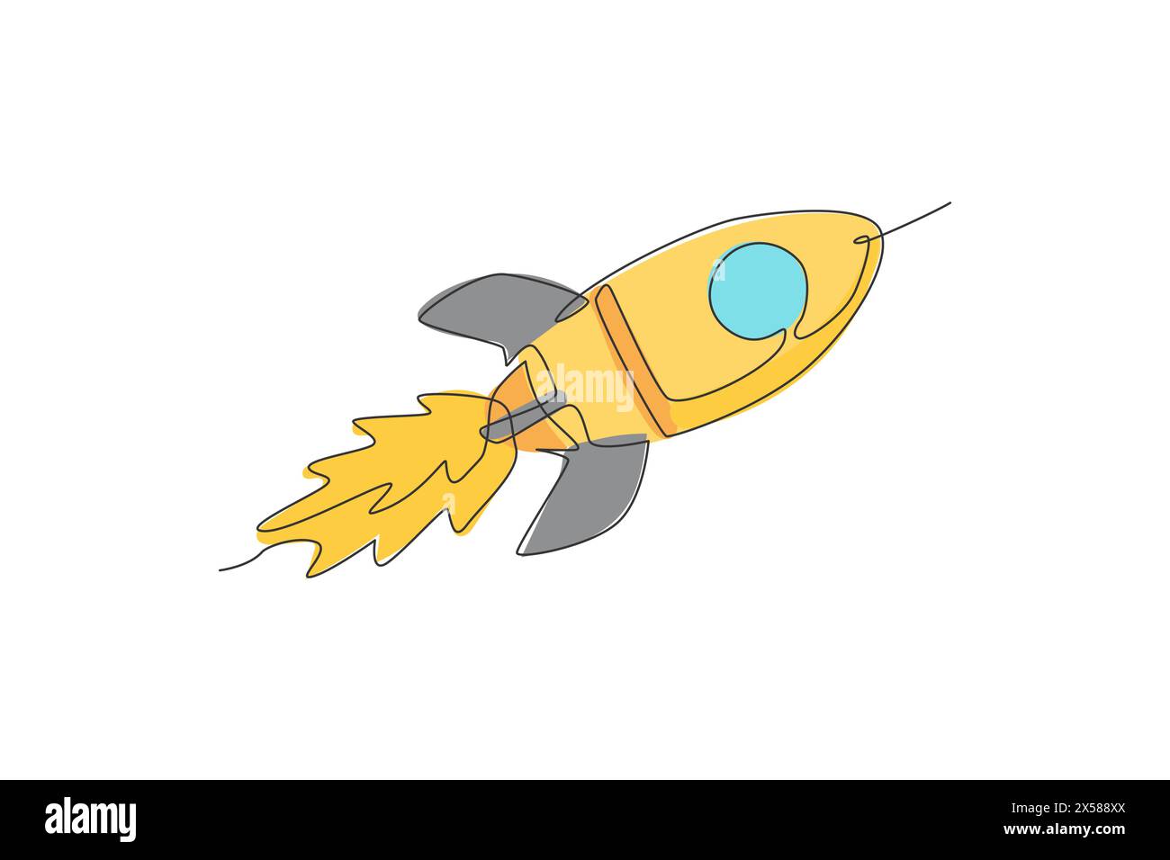 One single line drawing of simple vintage rocket takes off into the ...