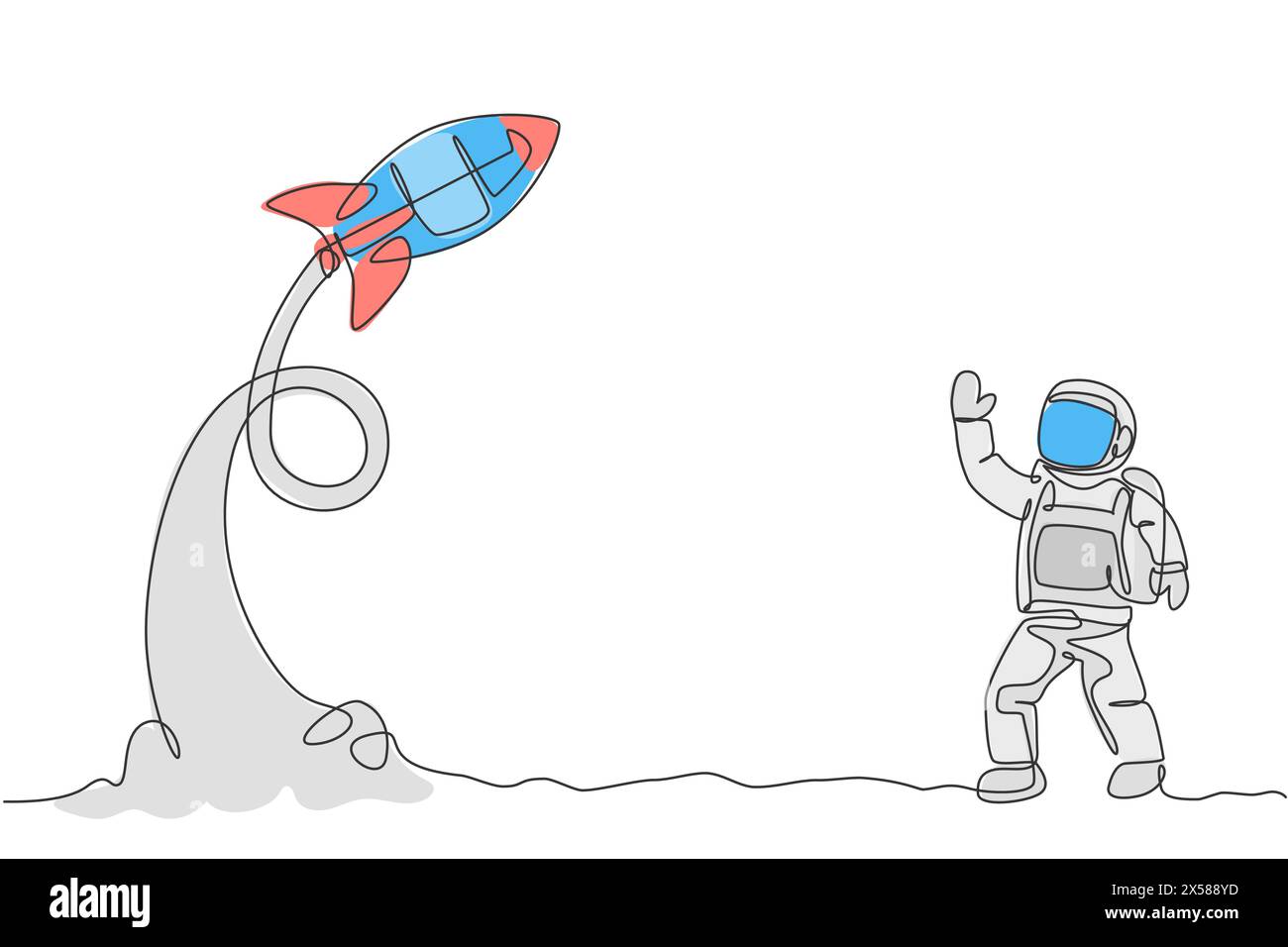 One continuous line drawing of spaceman astronaut science at moon land ...