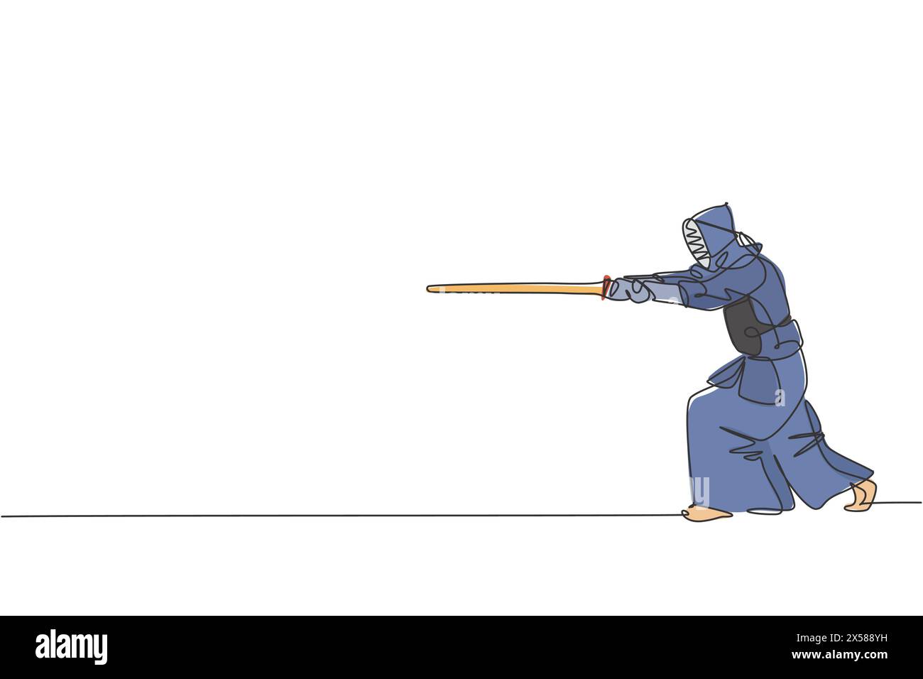 Single continuous line drawing of young sportive man practicing kendo ...