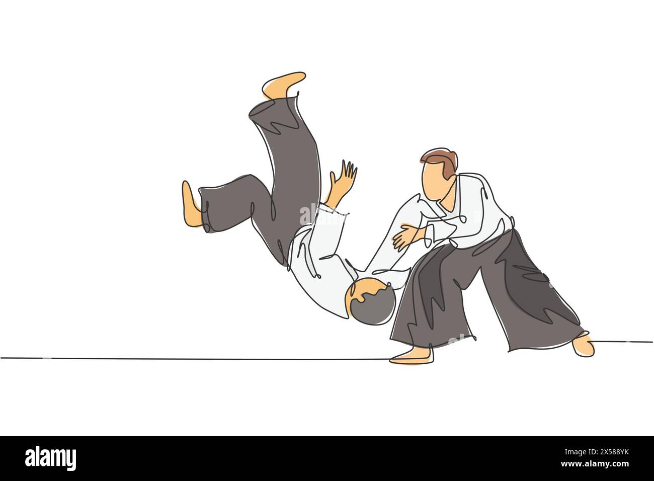 One continuous line drawing of two young men aikido fighter practice ...
