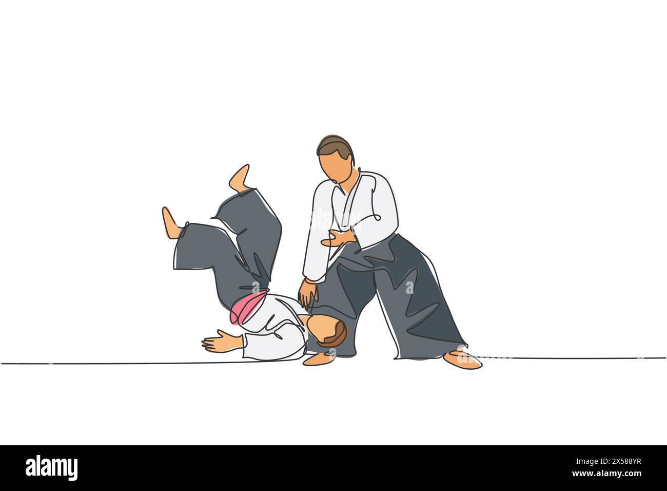 Single continuous line drawing of two young sportive men wearing kimono ...