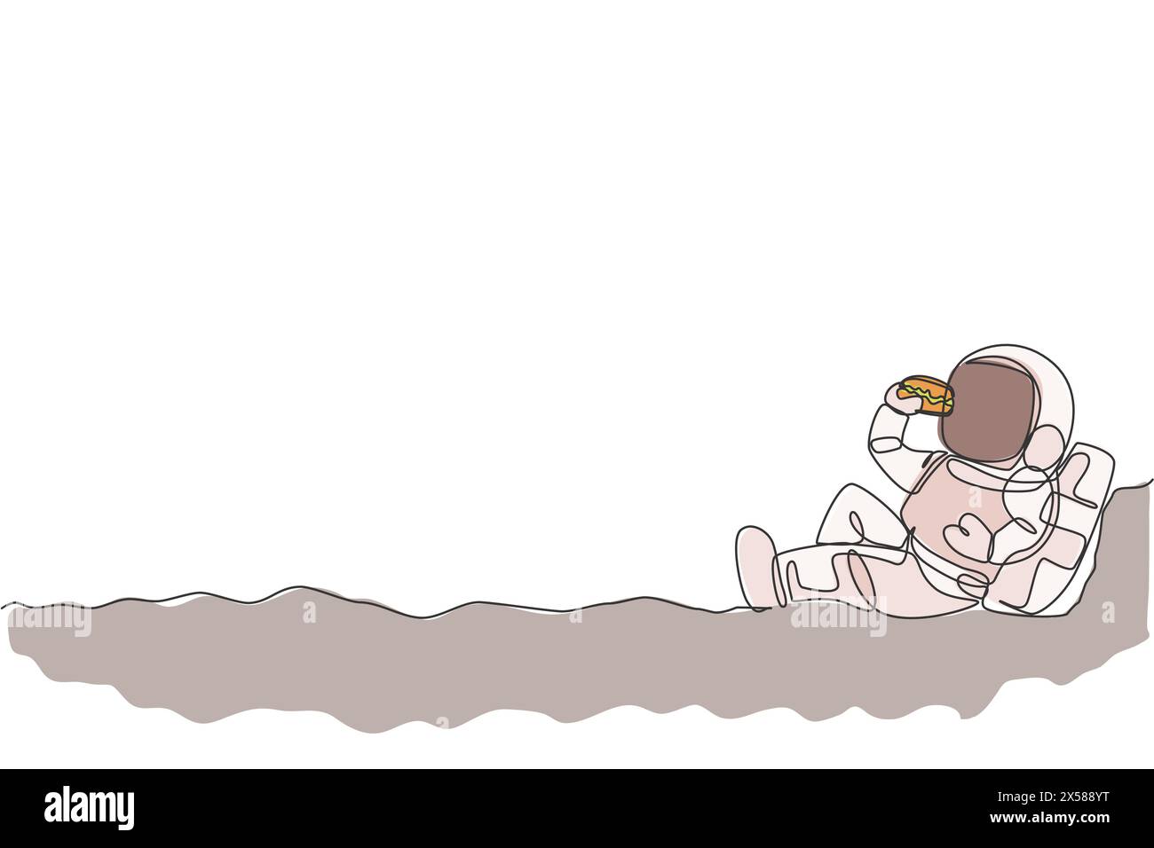Single continuous line drawing of spaceman sitting relax on moon ...