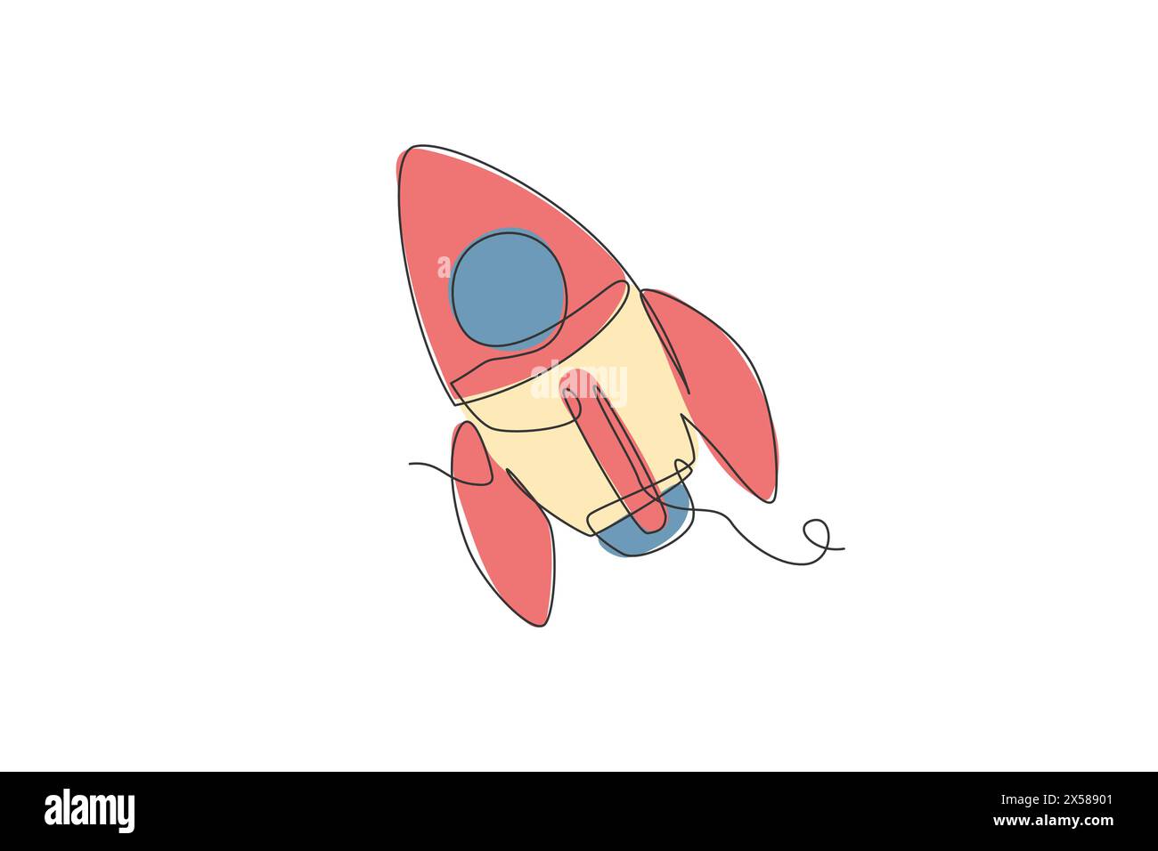 One continuous line drawing of simple retro spacecraft flying up to the ...