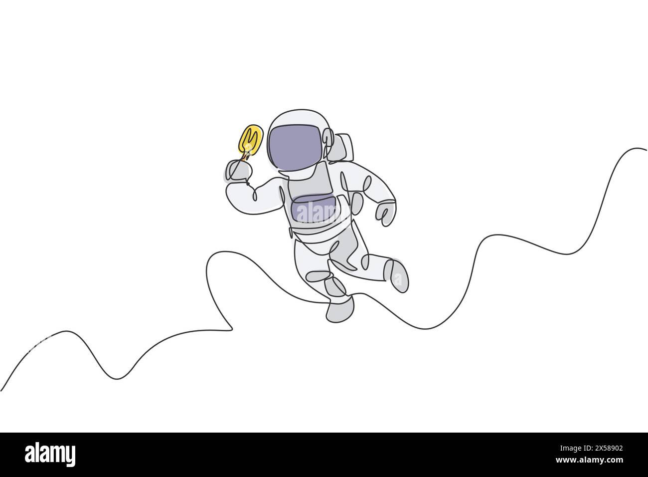 Single continuous line drawing of spaceman flying relax while eating ...