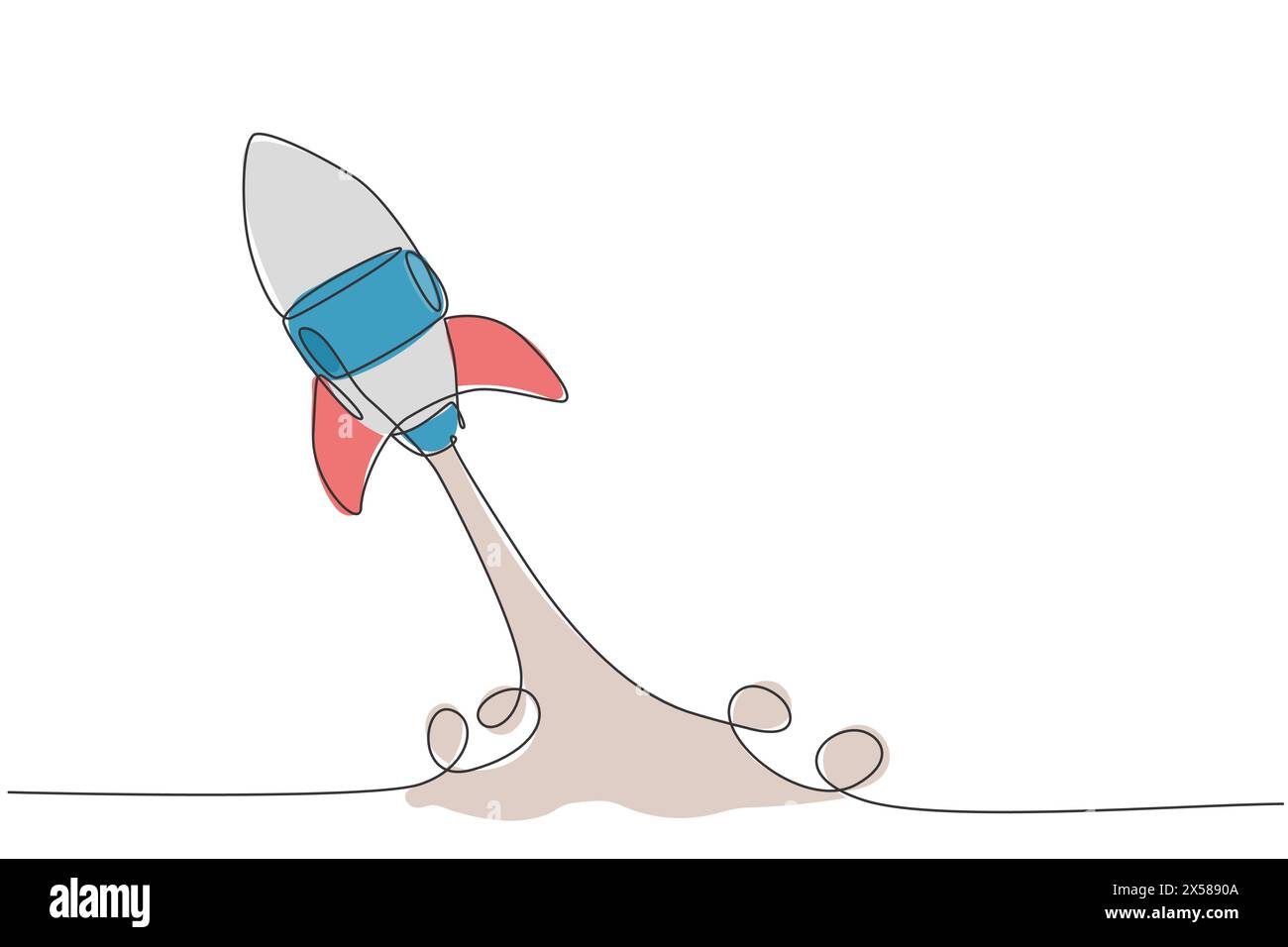 One continuous line drawing of simple retro spacecraft flying up to the ...