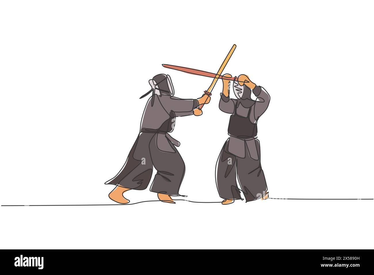 One single line drawing of two young energetic man exercise kendo ...