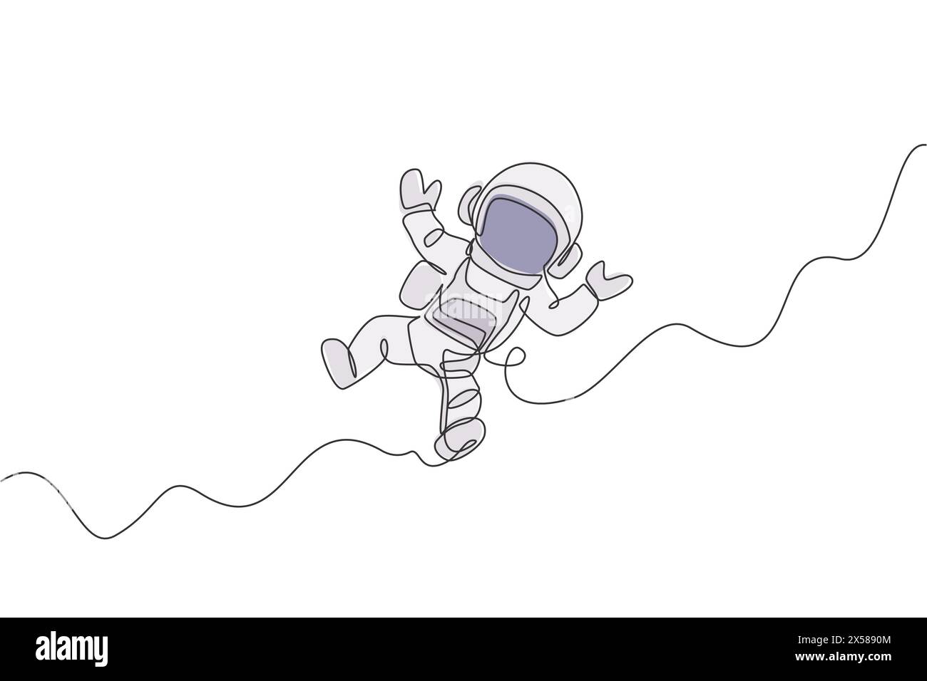 One continuous line drawing of young astronaut scientist exploring ...