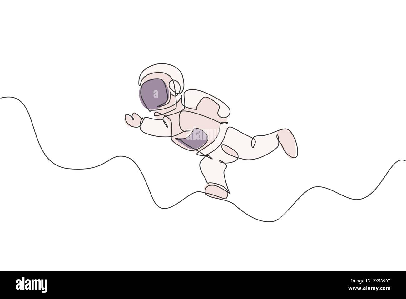 One single line drawing of young astronaut in spacesuit flying at outer ...