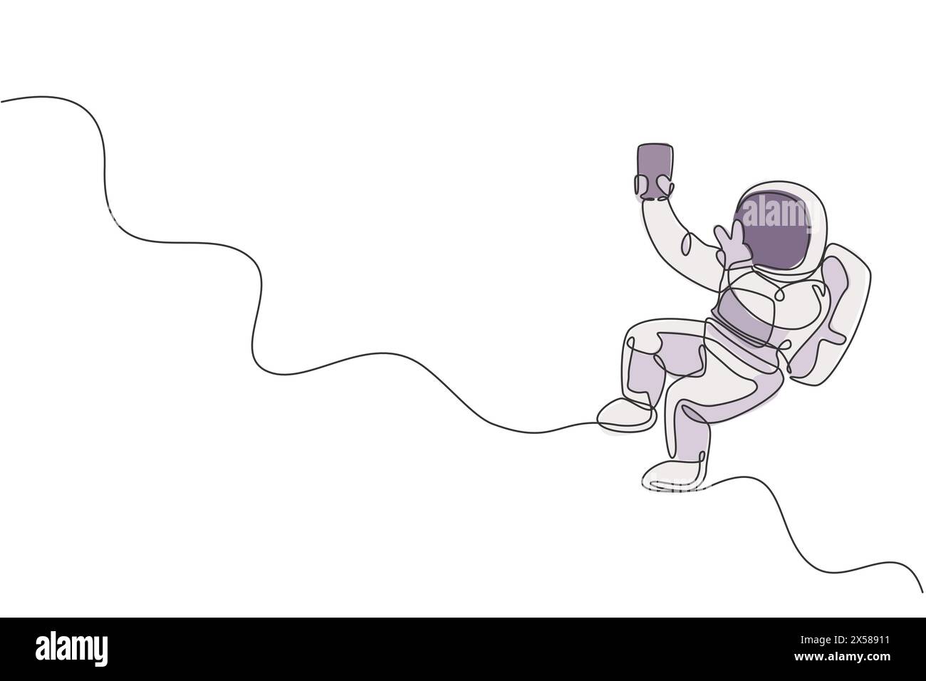 Single Continuous Line Drawing Of Floating Science Astronaut In Spacewalk Pose Selfie Using