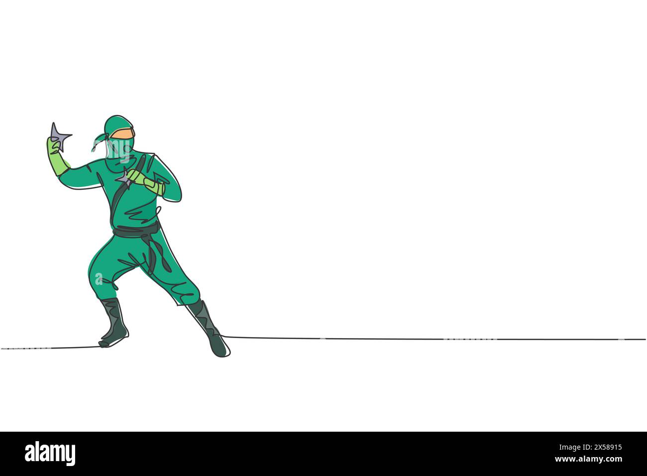 One single line drawing of young energetic Japanese traditional ninja ...