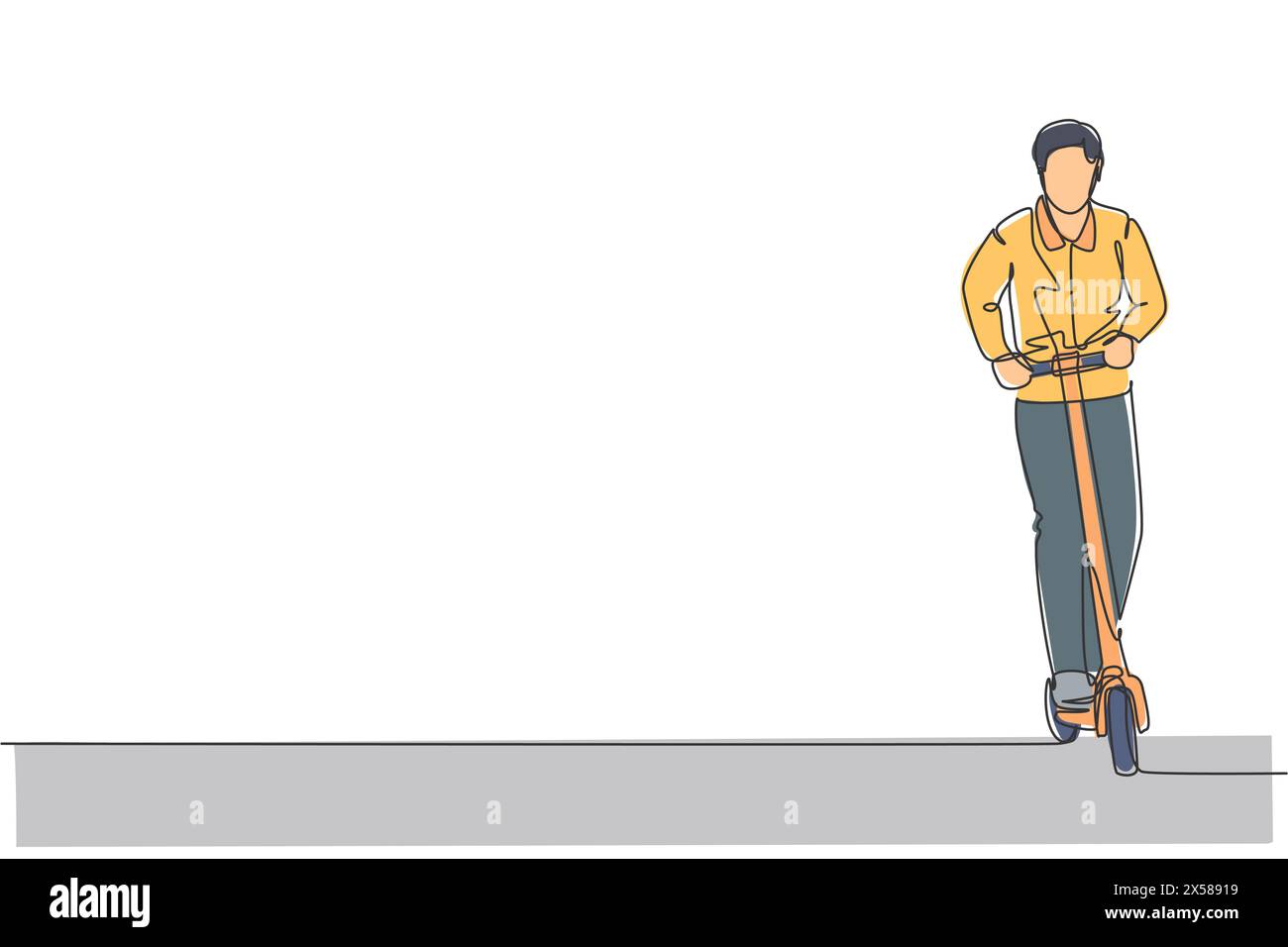 One continuous line drawing of worker man stand and ride electric ...