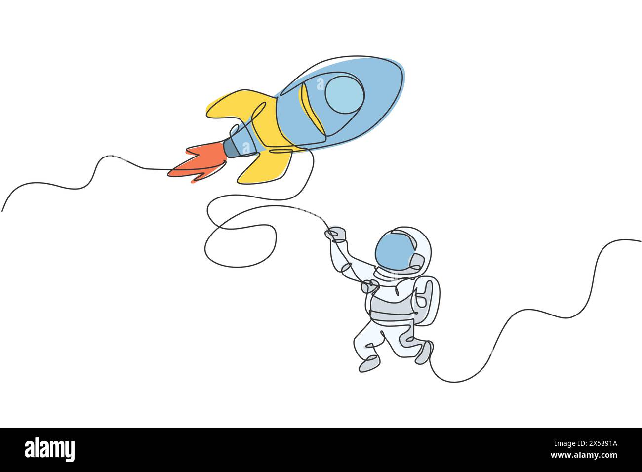 One single line drawing astronaut in spacesuit floating and discovering ...