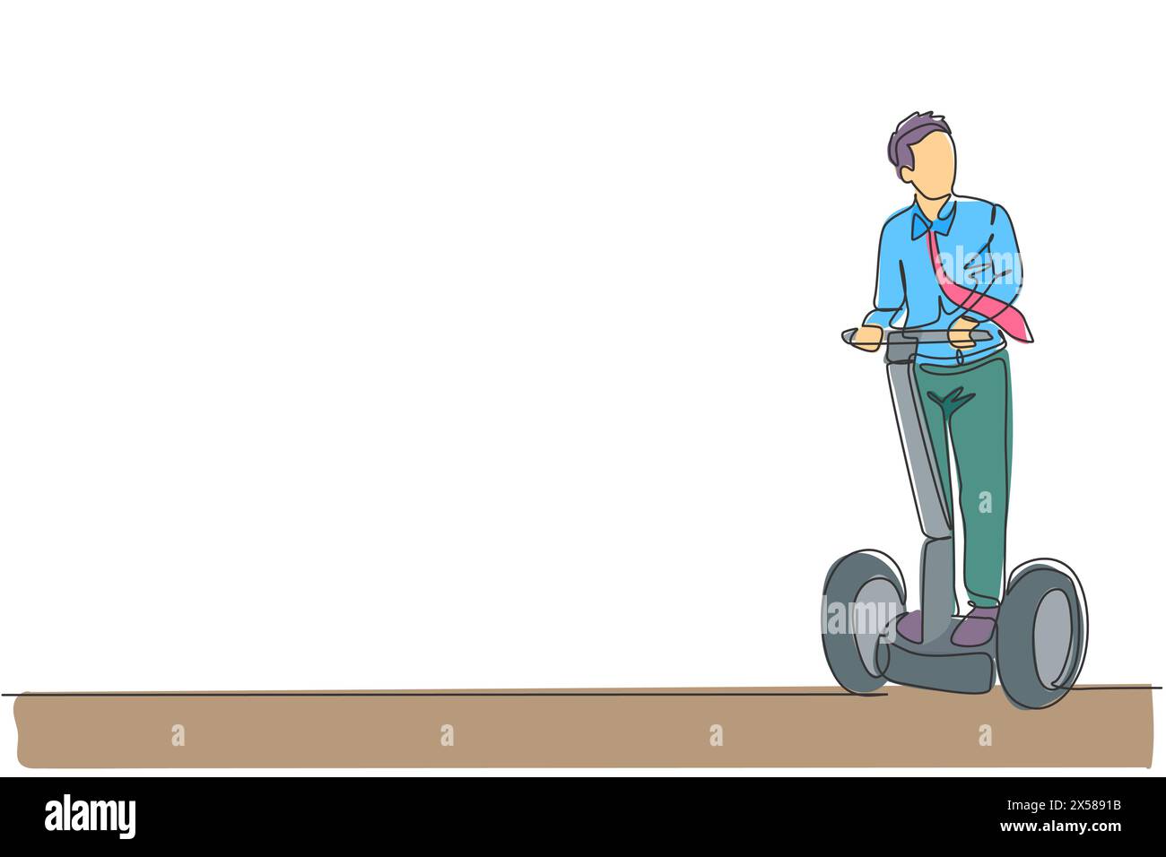 One single line drawing young energetic worker man riding two wheel balance to the office vector ...