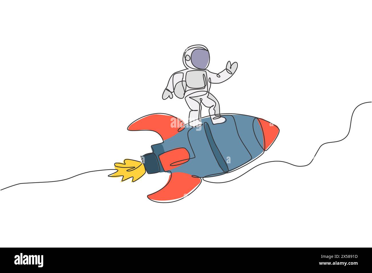One single line drawing of astronaut in spacesuit flying and ...