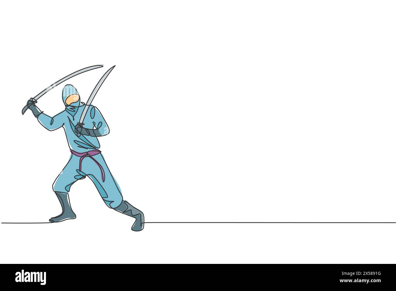 One single line drawing of young energetic Japanese traditional ninja holding samurai swords on ...