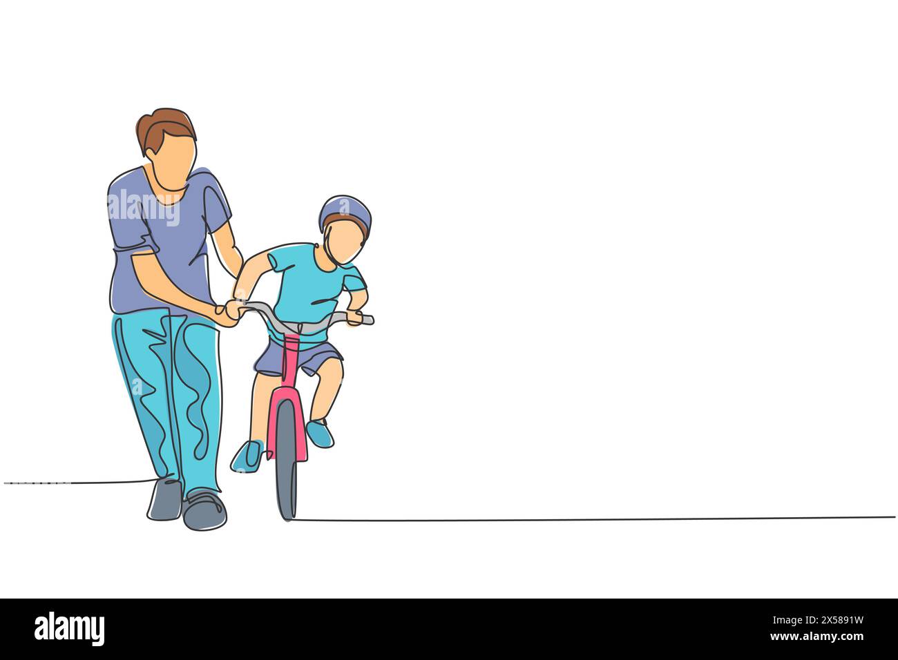 One single line drawing of young father teaching his boy kid riding bicycle at public park ...