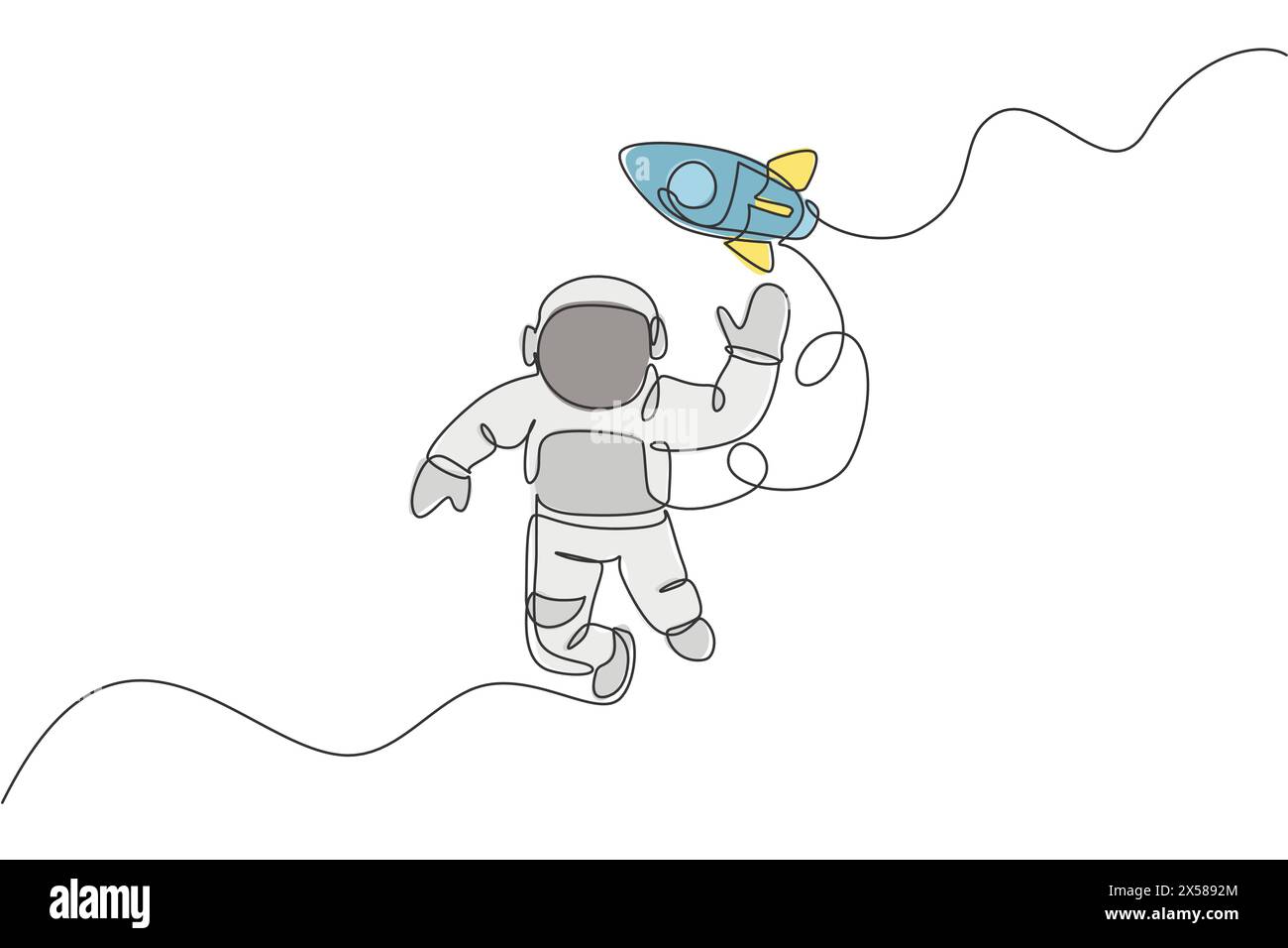 One continuous line drawing of waving hand spaceman astronaut science ...