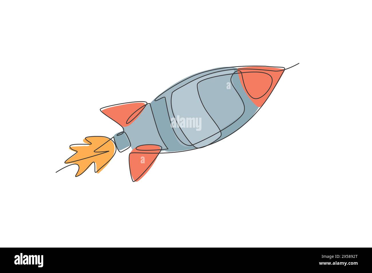 One single line drawing of simple vintage rocket takes off into the ...