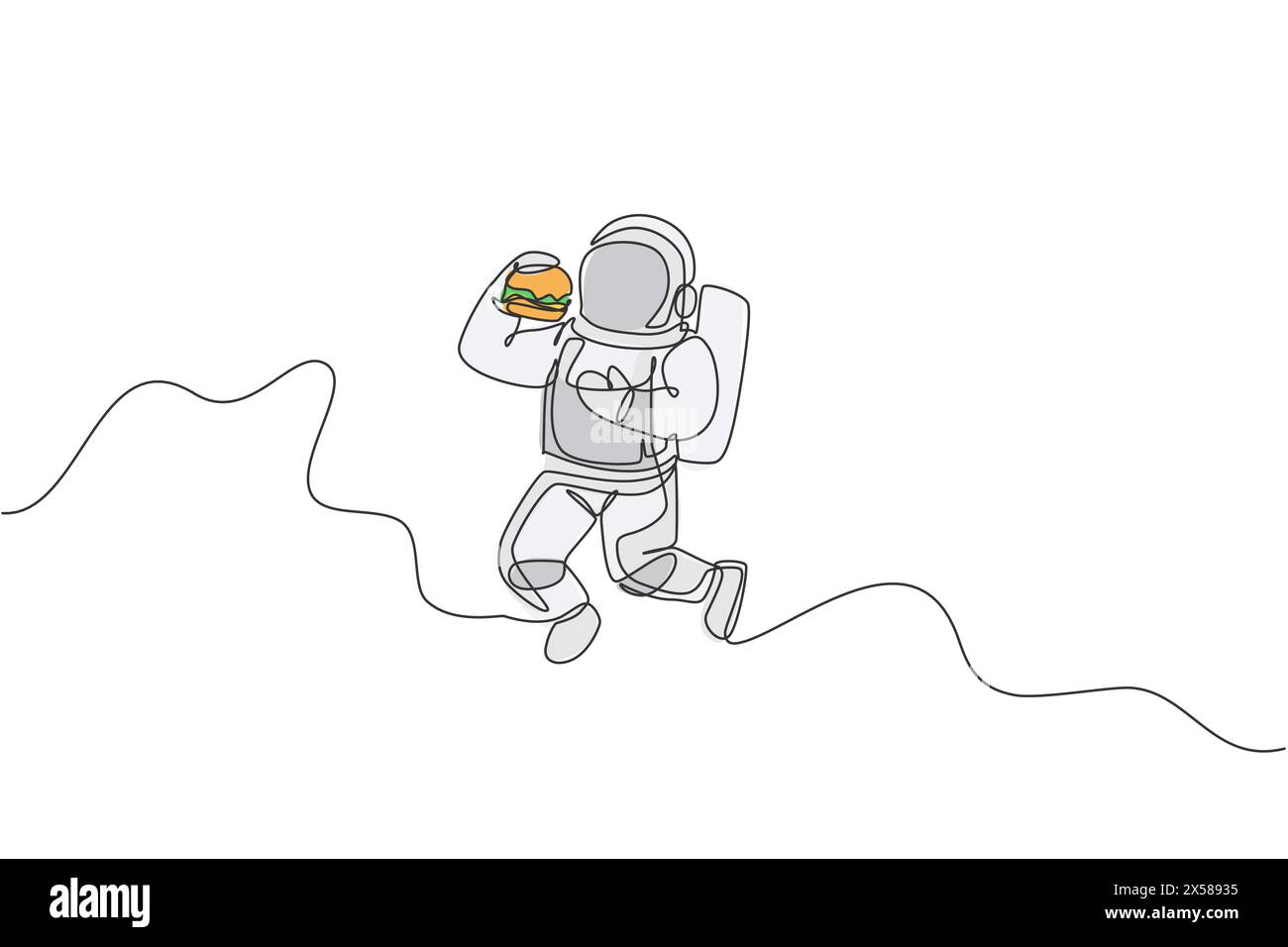One continuous line drawing of cosmonaut eating fresh delicious burger ...