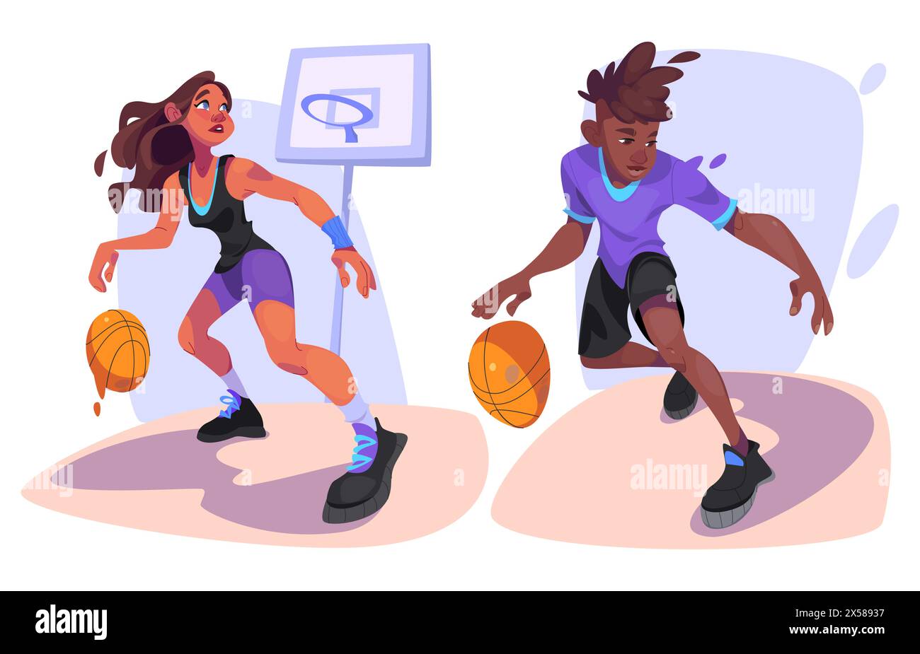 Sport basketball player character man and woman. Afro boy athlete play ...