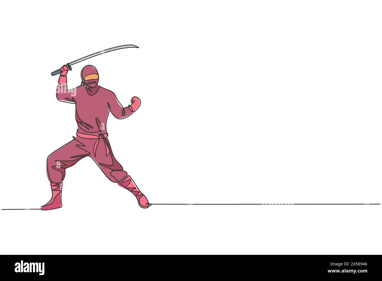 One continuous line drawing of young brave Japanese ninja character on ...