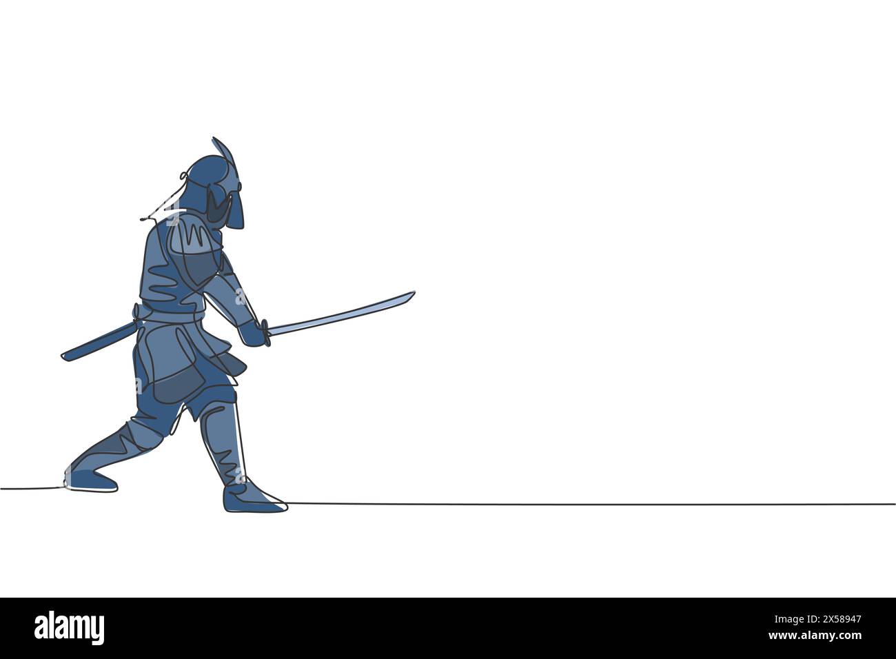 One single line drawing of young Japanese samurai warrior holding ...
