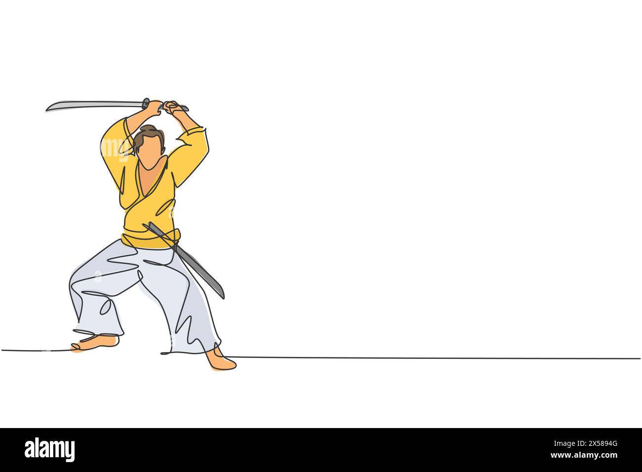Single continuous line drawing of young strong samurai warrior wearing ...