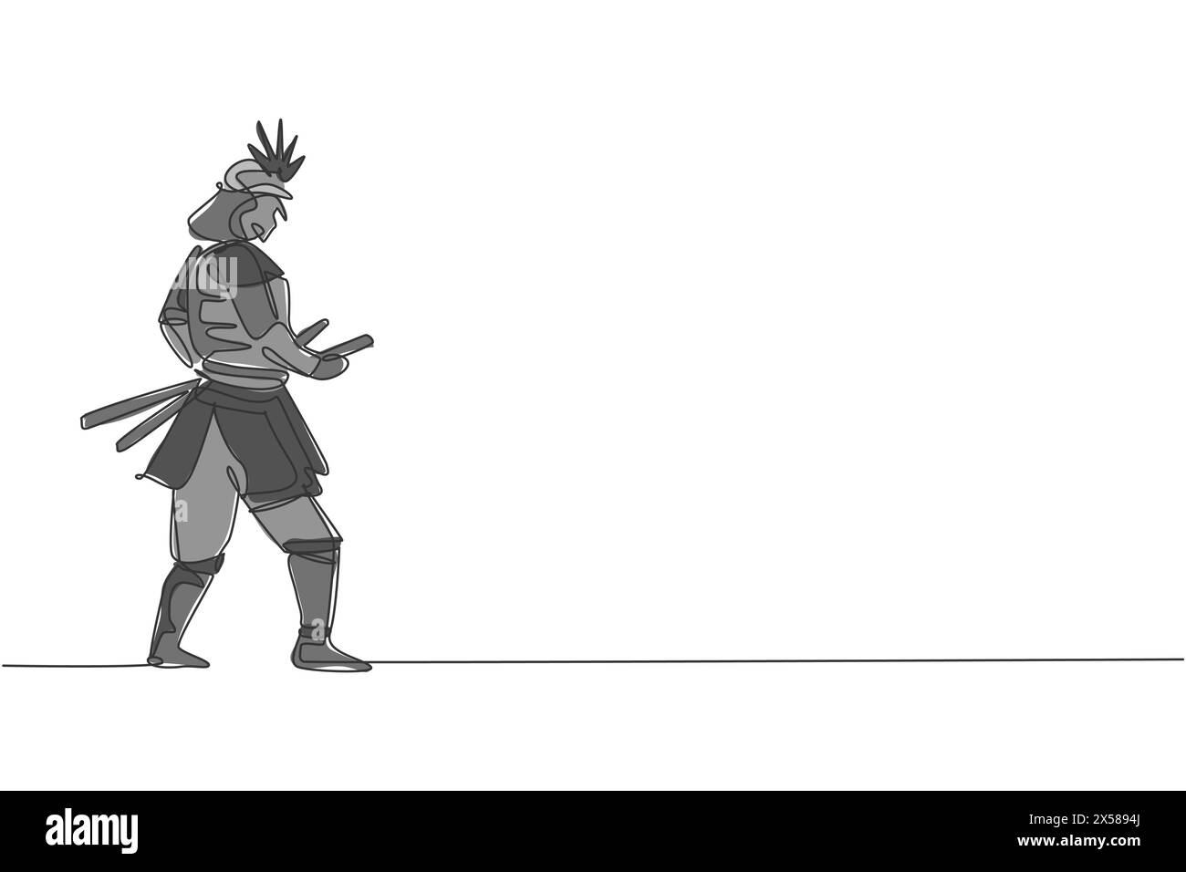 One single line drawing of young Japanese samurai warrior holding ...