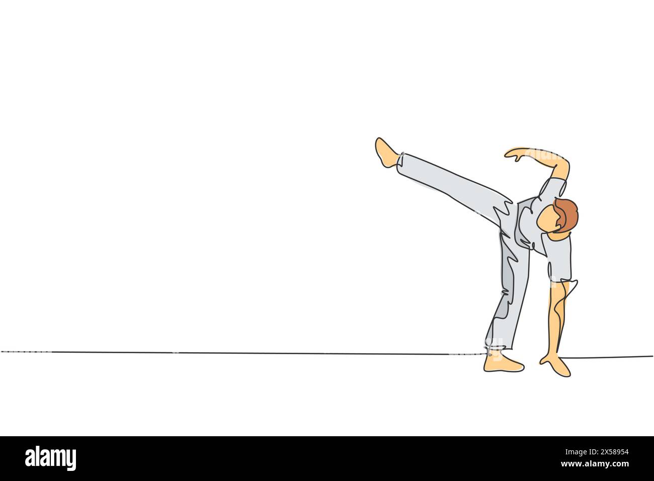 One continuous line drawing capoeira young sporty Brazilian fighter man ...