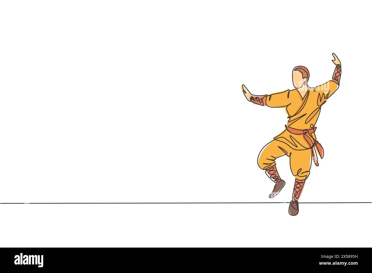 One single line drawing young energetic shaolin monk man exercise kung ...