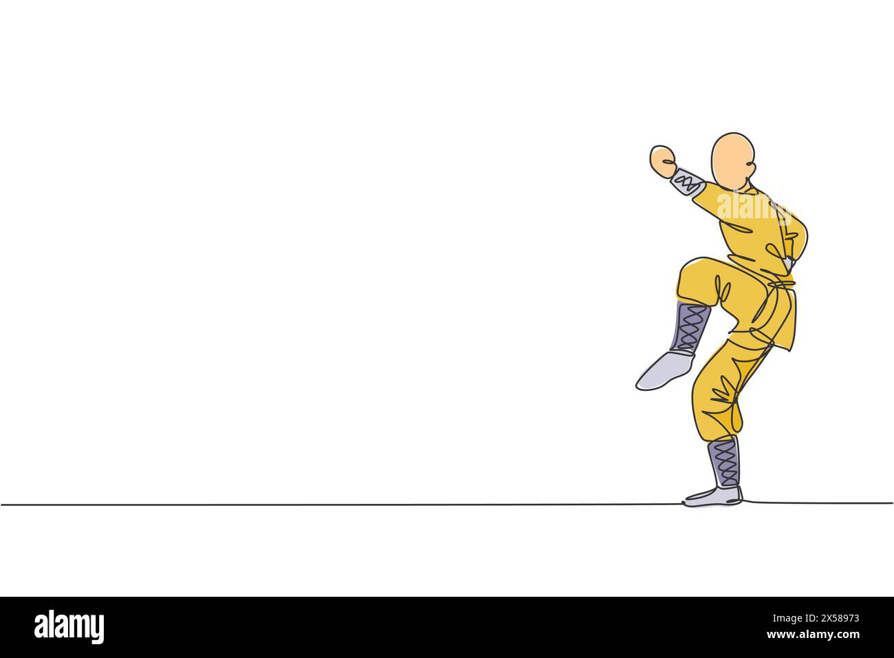 Single continuous line drawing young muscular shaolin monk man train ...