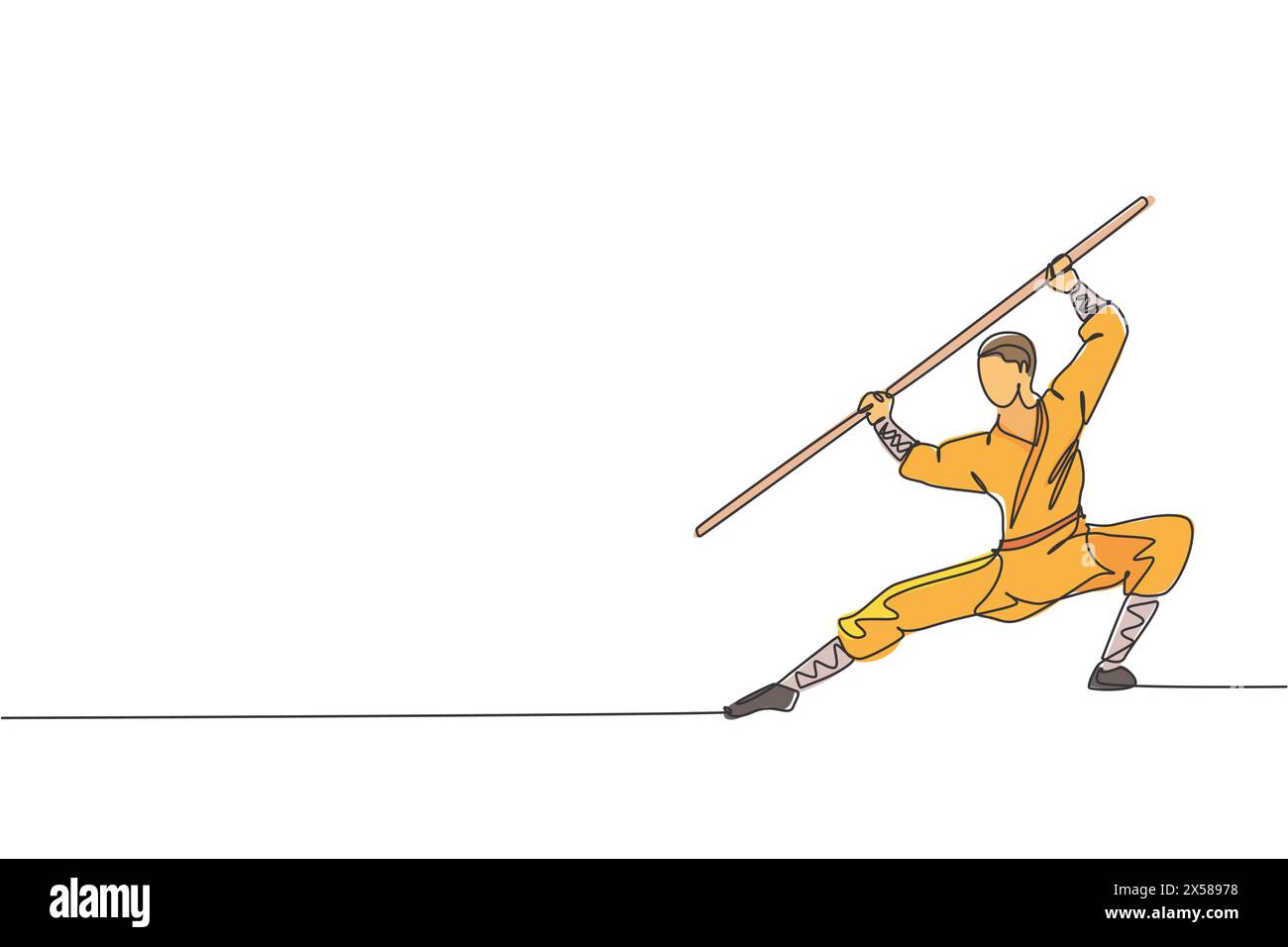 One continuous line drawing young shaolin monk man practice kung fu ...