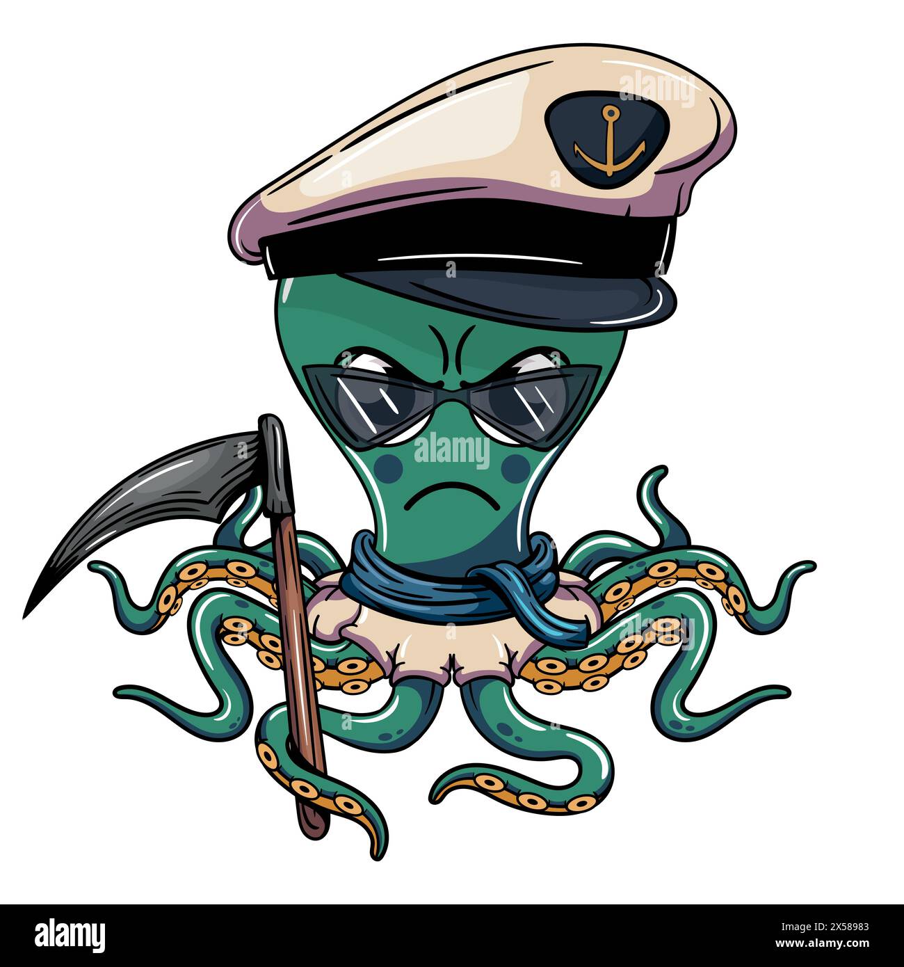 Cartoon character evil marine captain octopus with an ax in his ...
