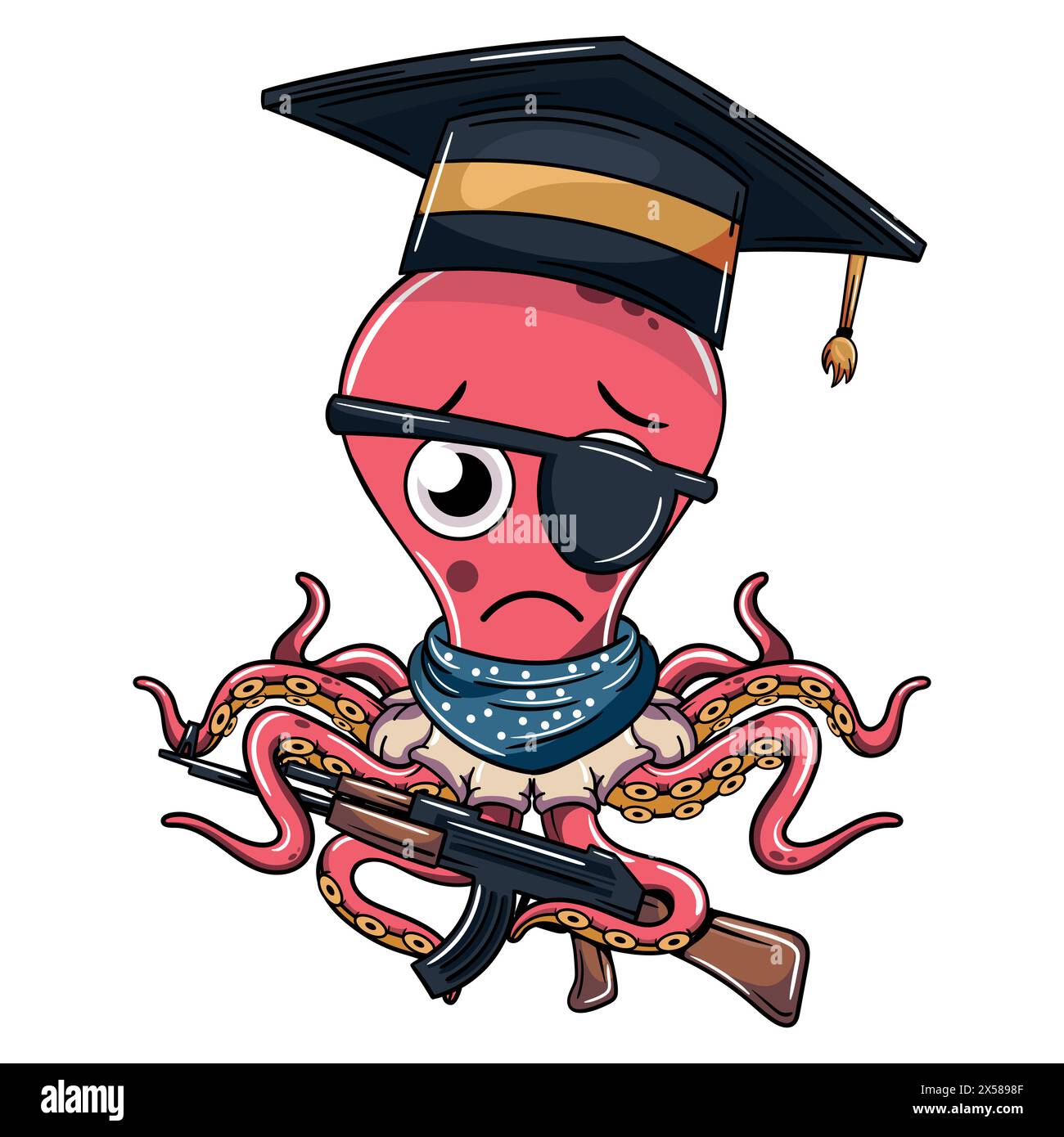 Cartoon sad octopus character with graduation cap and a shotgun in his ...