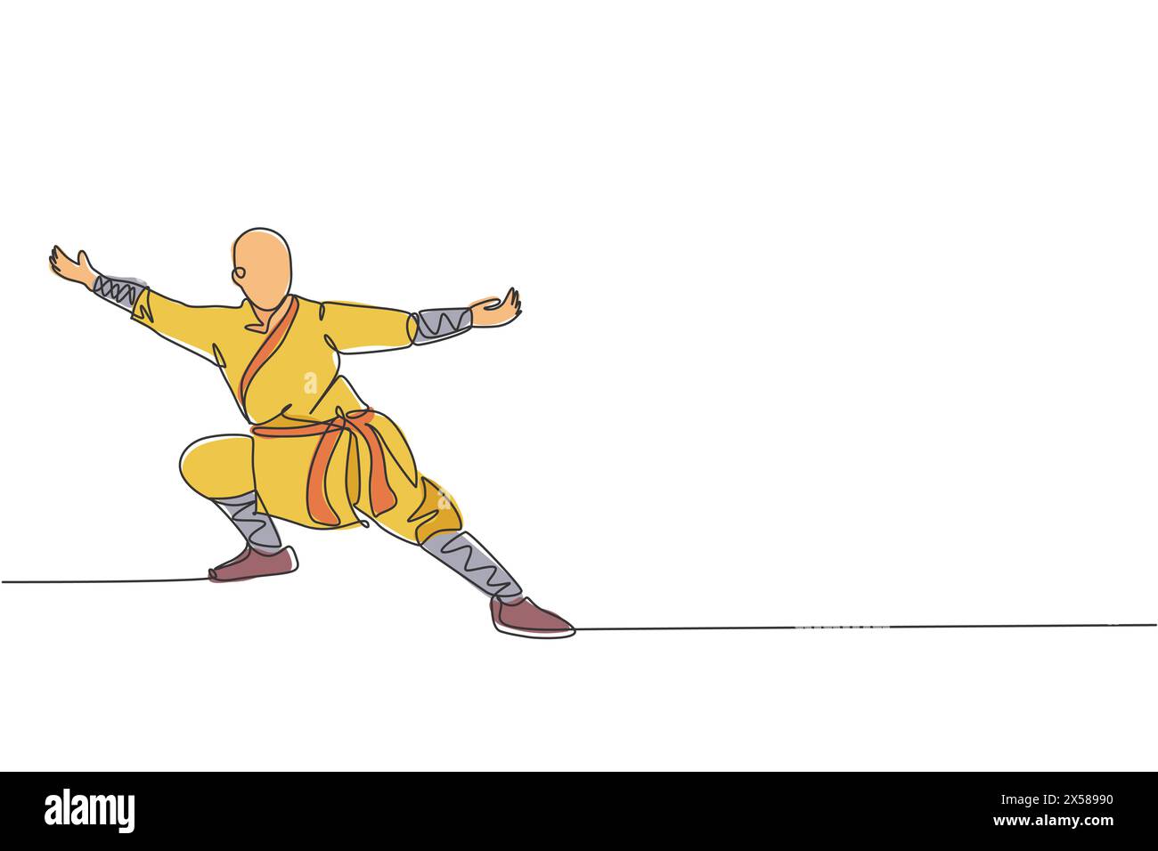One continuous line drawing of young shaolin monk man practice kung fu ...