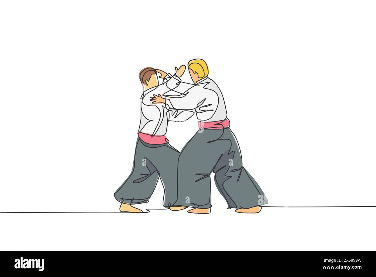 Single continuous line drawing of two young sportive man wearing kimono ...