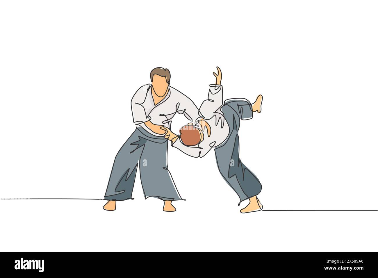 One continuous line drawing young man aikido fighter practice fighting ...