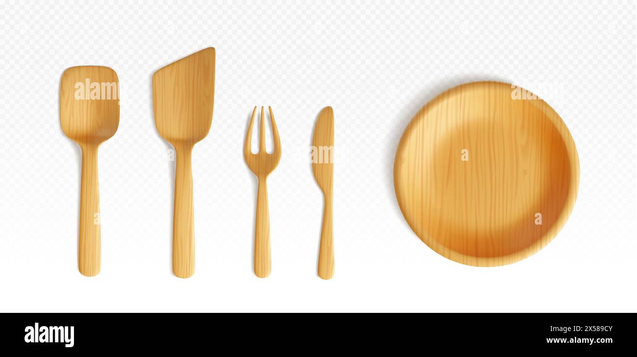 Wooden kitchen utensils set isolated on transparent background. Vector ...